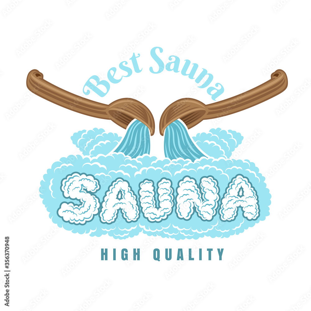 Lable for sauna, banya or bathhouse. Wooden ladles poure water on word ...