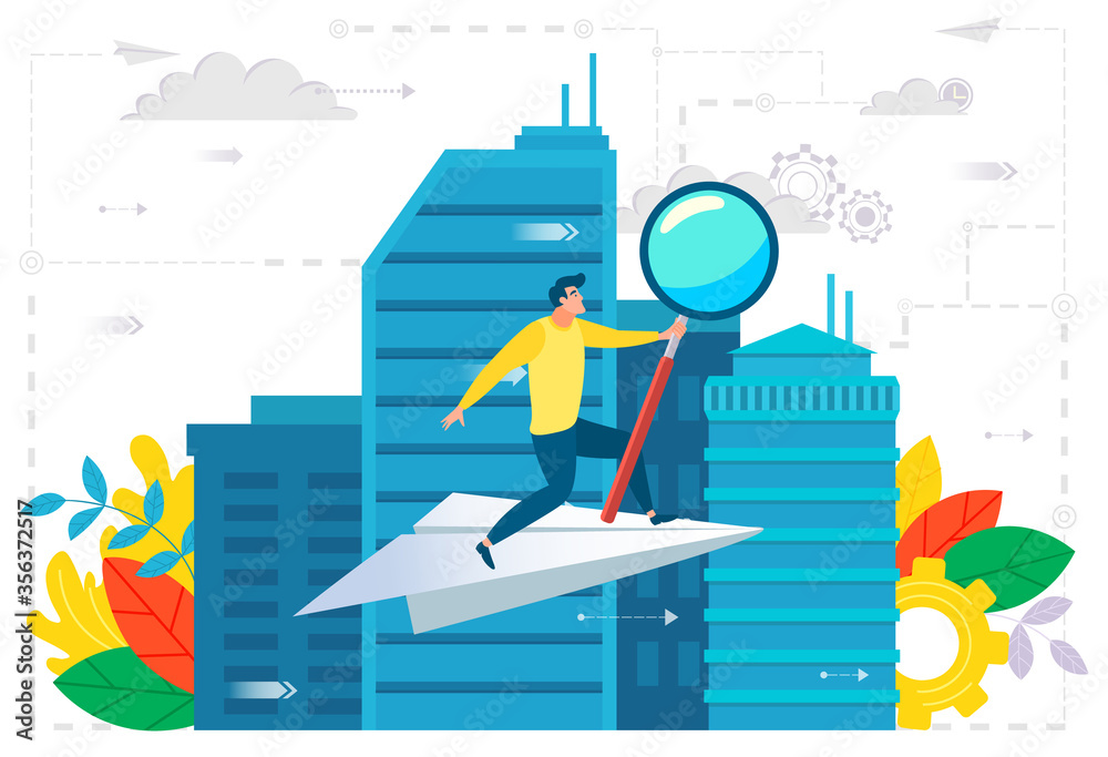 Man in city businessman vector, male holding magnifying glass flat ...