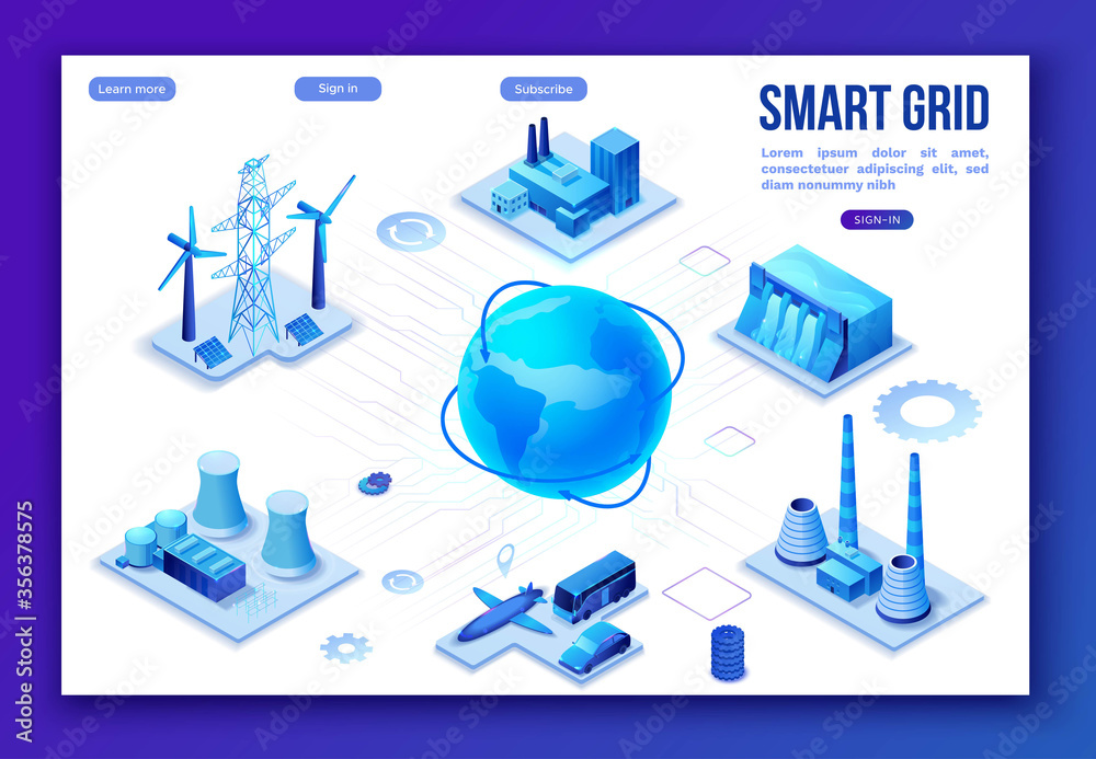 Smart grid 3d isometric infographics, blue neon concept with solar ...