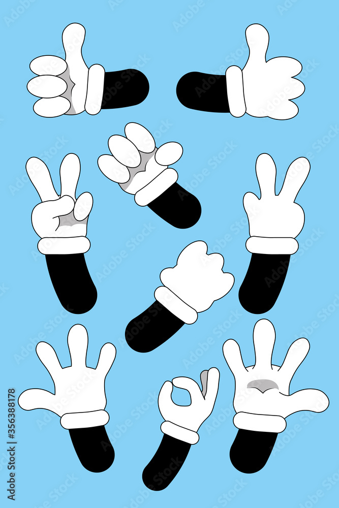 Cartoon hands. animated hands show different gestures. Cute gloved hand ...