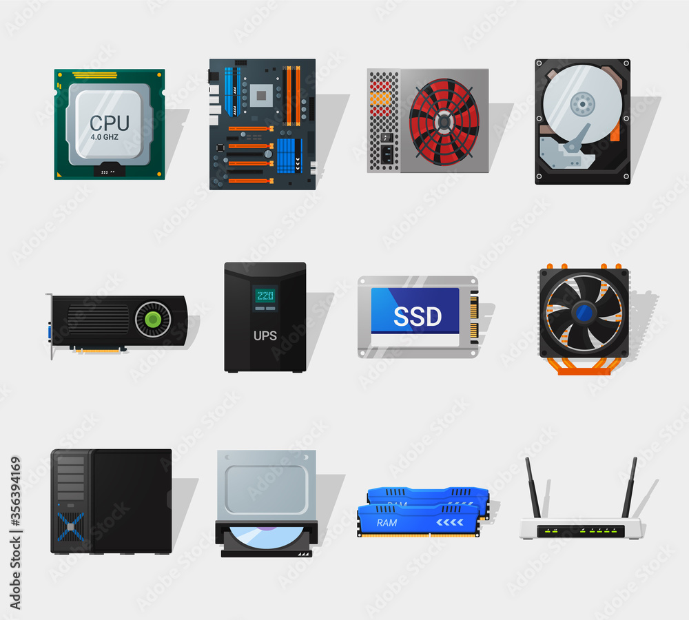 Computer hardware icons in flat style. Detailed flat style. Different ...