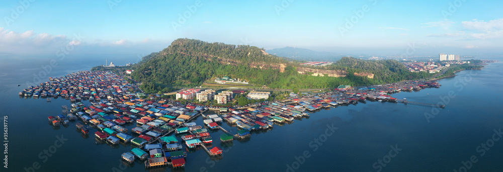 An aerial Panoramic view of local water village houses at Sandakan ...