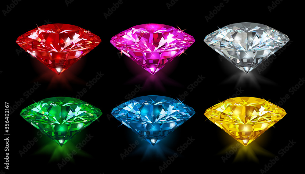 A set of multi-colored diamonds isolated on a black background. Vector ...