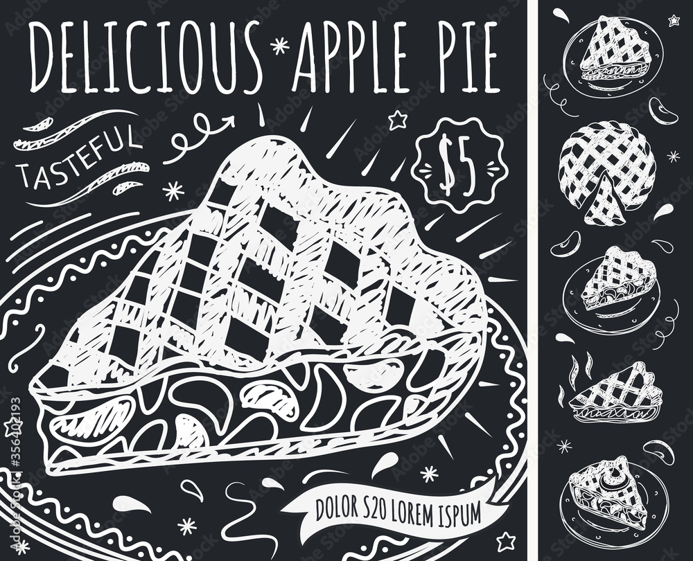 Apple Pie vintage label. Hand drawn banner on chalk board with tart ...
