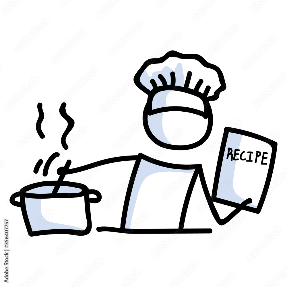 Cute stick figure chef cooking recipe lineart icon. Dinner preparation ...