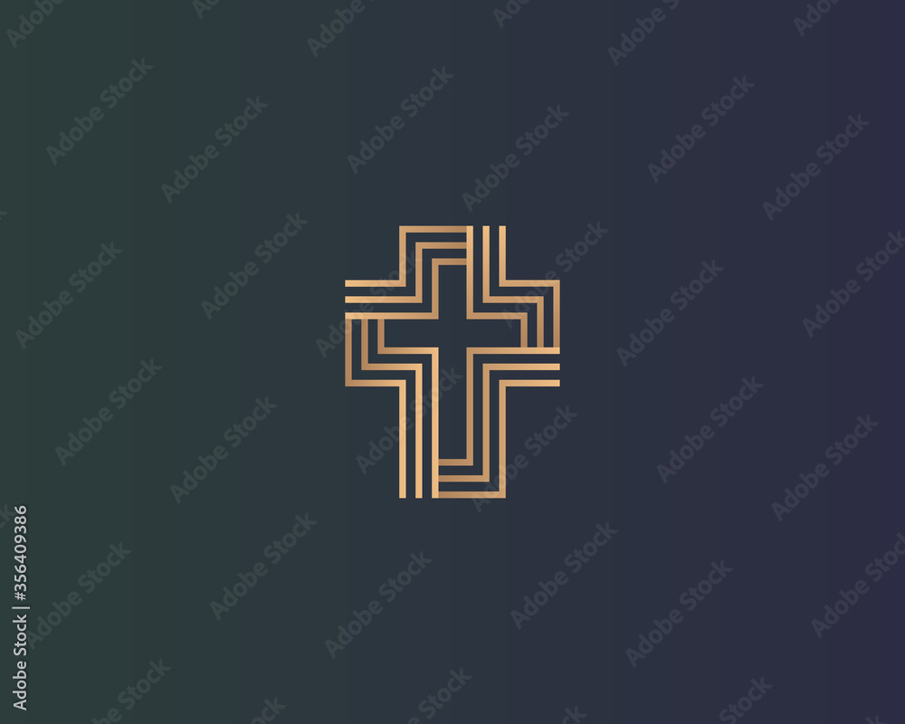 Abstract Christian linear gold gradient cross logo isolated on a dark ...