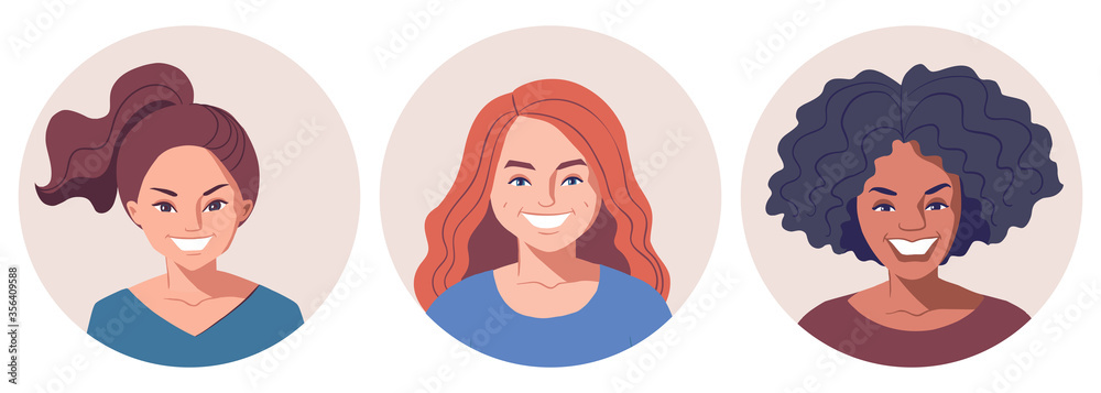 Cartoon portraits of cheerful young women, front view. Diverse group of ...