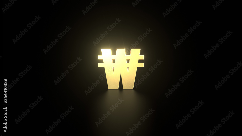 Won Symbol Golden lettering on a reflective floor with black background ...