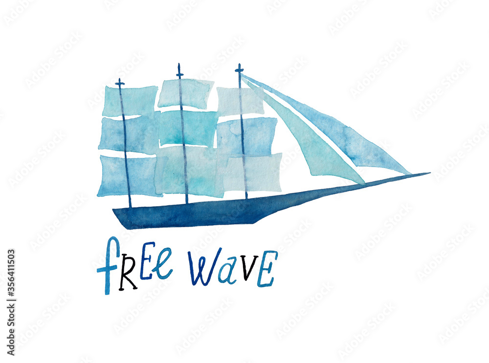 Nautical Poster With Watercolor Painted Sailboat Stock Illustration ...