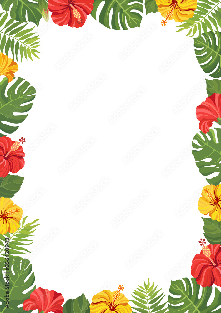 Red tropical flowers and green leaves frame template. Hibiscus floral ...