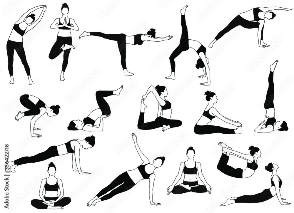 Vector silhouettes of woman in costume practicing yoga. Shapes of slim ...