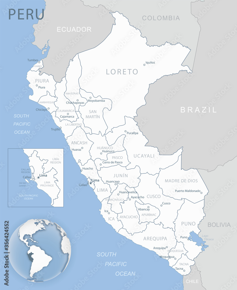 Blue-gray detailed map of Peru administrative divisions and location on ...