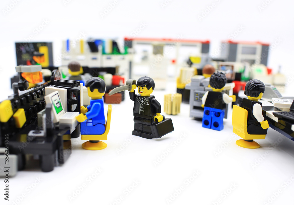 HONG KONG,MARCH 22: Studio shot of Lego people in office, combine from ...