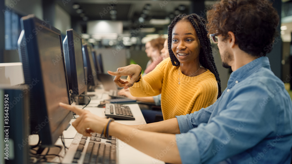 University Library: Bright Black Girl and Smart Hispanic Boy Together ...