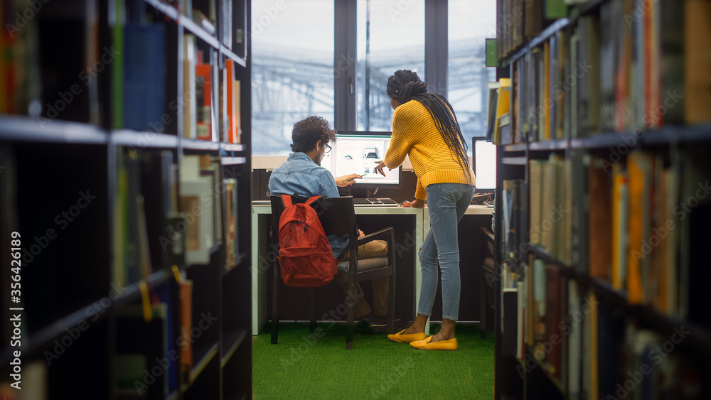 Foto de University Library: Boy Uses Personal Computer at His Desk ...
