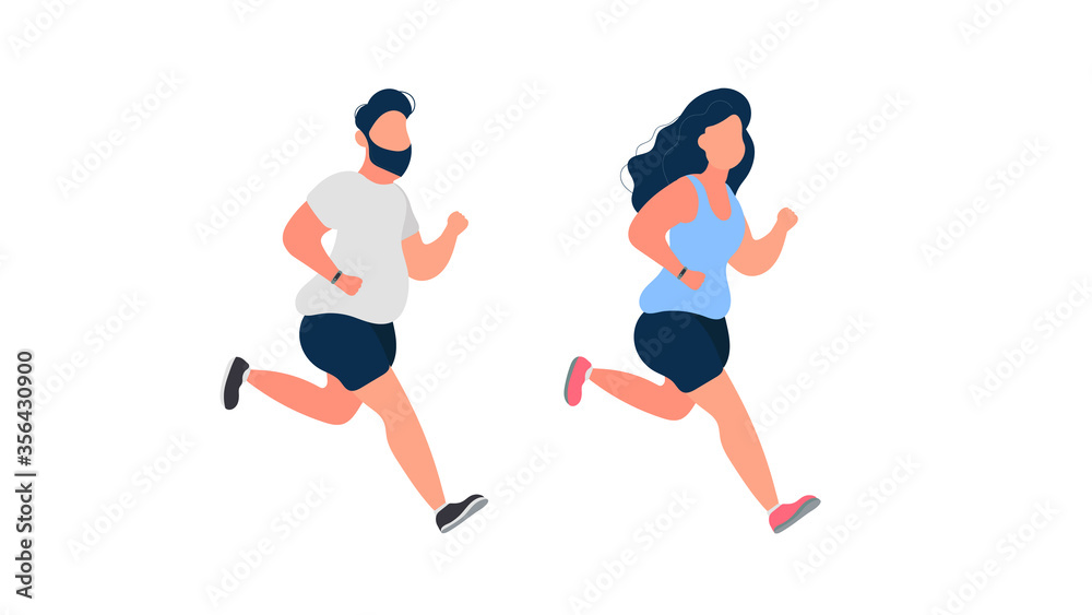 Set of running fat people. Fat man and woman are running. The concept ...
