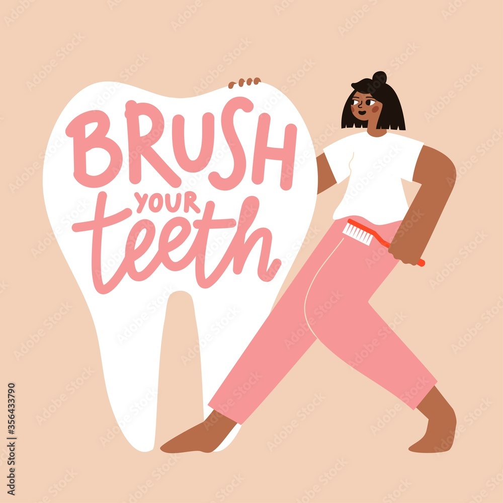 Vector illustration with huge healthy white tooth and happy dancing ...