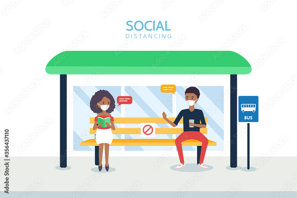 Social distancing concept illustration showing people at a bus station ...