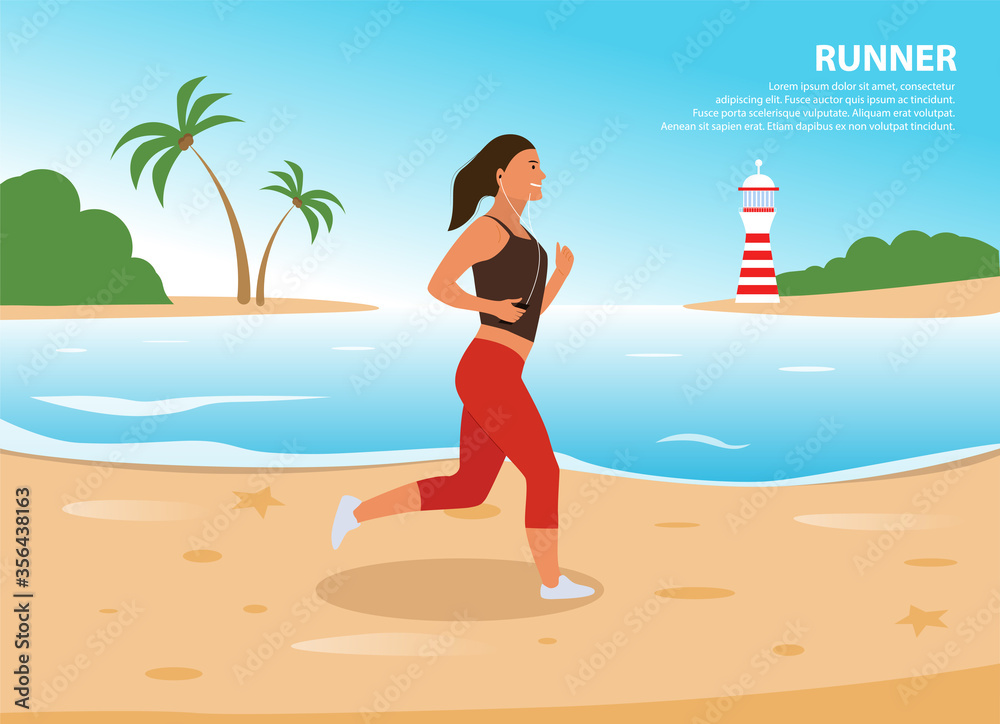 Girl in red sportswear running on the beach. Around palm trees, sand ...