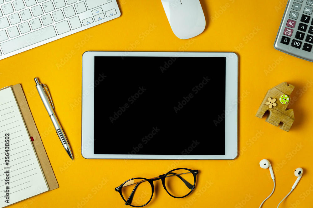 Table top view aerial image of accessories office desk for work from ...