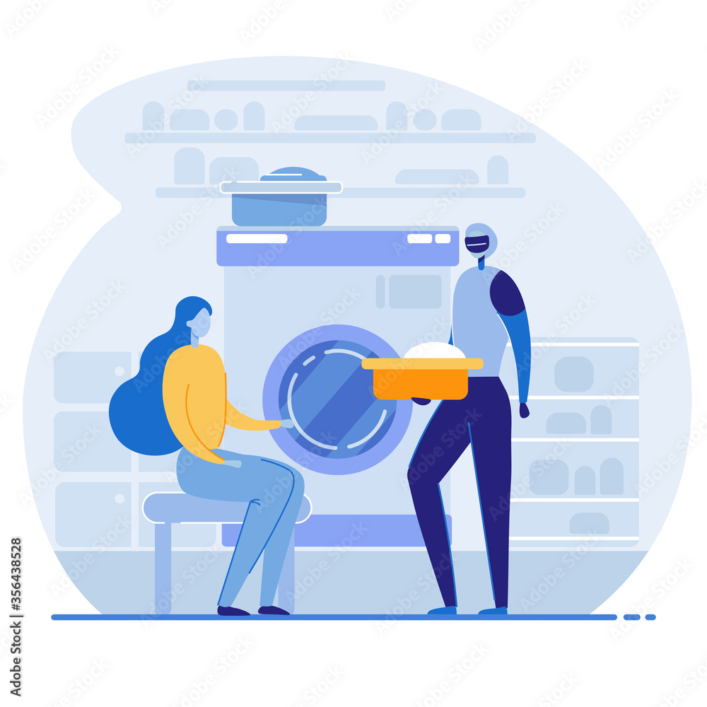 The robot helps the housewife with the laundry. Android uses a washing ...