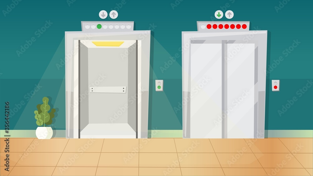 Cartoon illustration of empty hallway with elevators - closed doors and ...