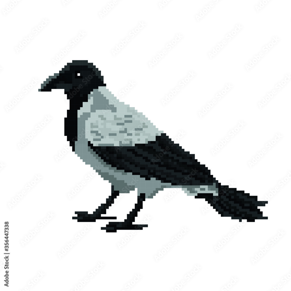Vector illustration of a crow in the style of a pixel art. Isolated on ...