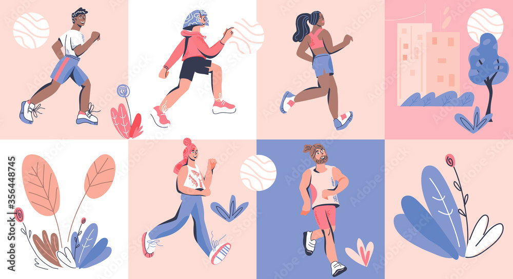 Marathon or sprint runners people cartoon characters. Healthy lifestyle ...