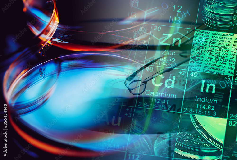 Periodic table of elements and laboratory tools. Science concept. Stock ...