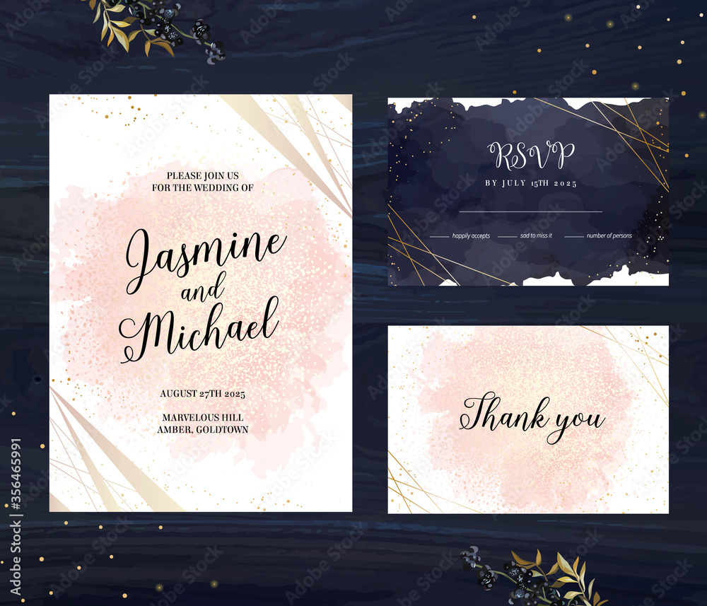 Elegant wedding cards with night sky, golden glitter and blush pink ...