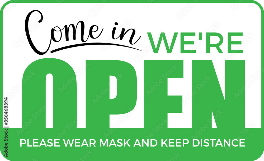 Vetor de Welcome back! We are open again. Keep social distance and use ...