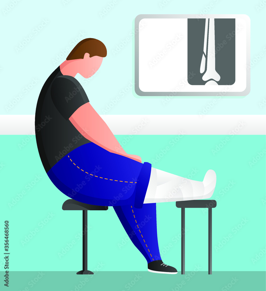 Man with broken leg on hospital background. Orthopedic plaster or ...