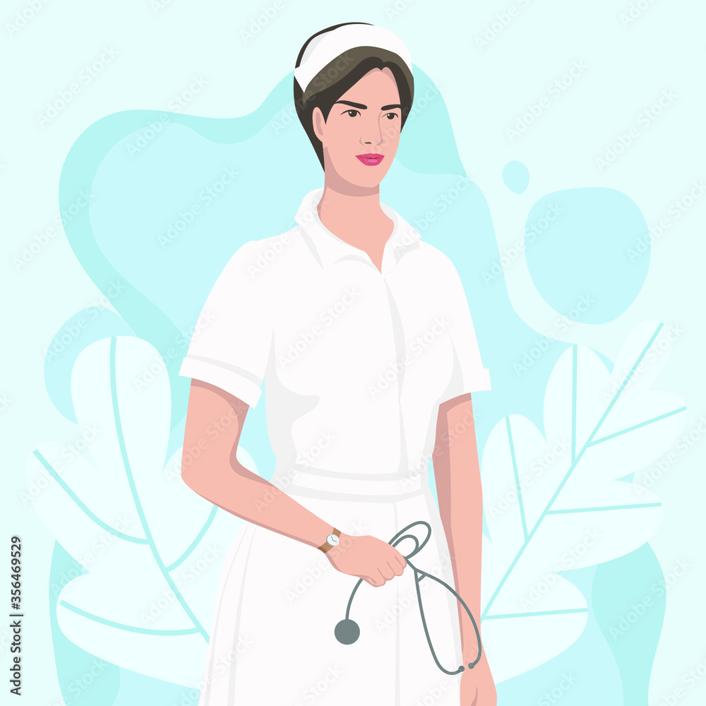 Nurse in 50s style uniform and decorate plants with stethoscope on blue ...