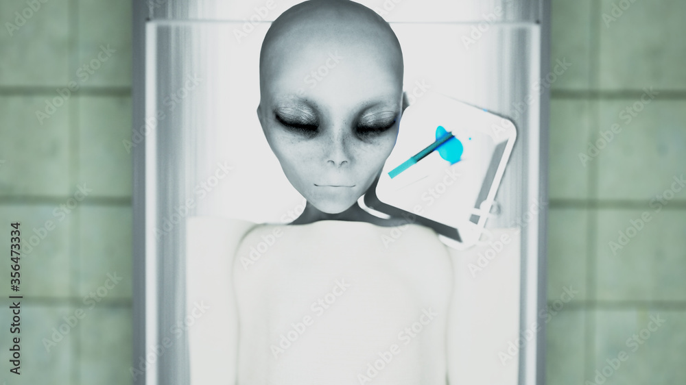 The dead alien in the morgue on the table. Futuristic autopsy concept ...