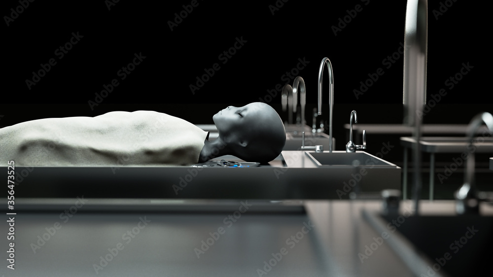 The dead alien in the morgue on the table. Futuristic autopsy concept ...