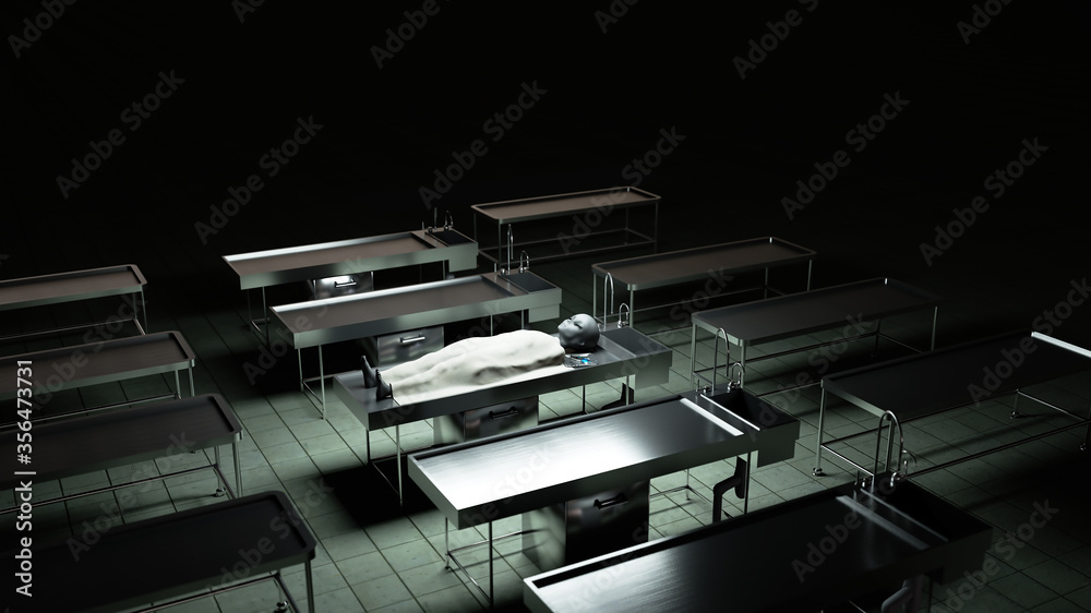 The dead alien in the morgue on the table. Futuristic autopsy concept ...