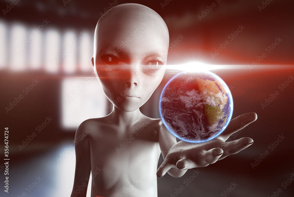 Alien hand reaching out with Earth planet. UFO futuristic concept. 3d ...