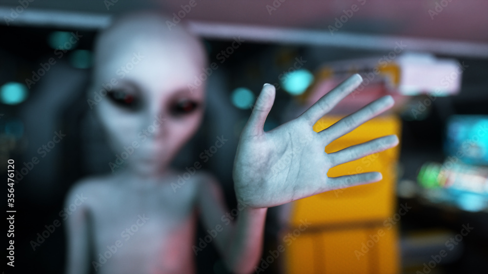 Alien in space ship. hand reaching out with Earth planet. UFO ...