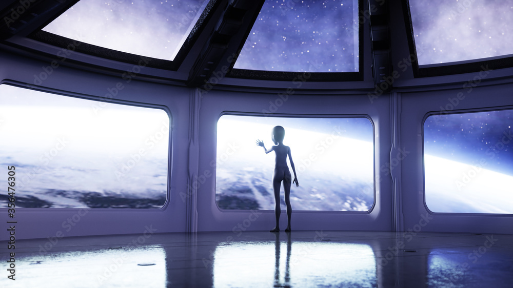 Alien in futuristic room. hand reaching out with Earth planet. UFO ...