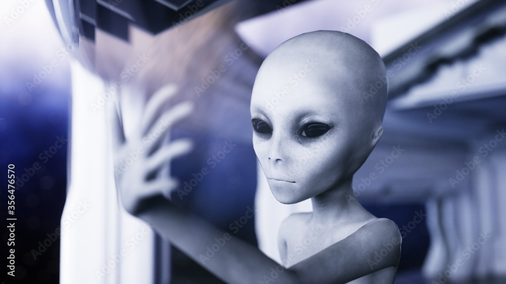 Alien in futuristic room. hand reaching out with Earth planet. UFO ...