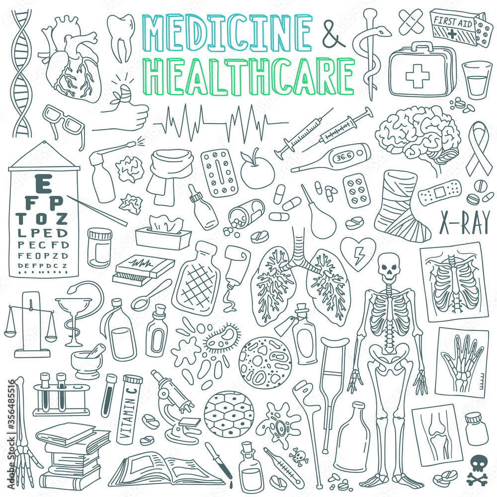 Medicine and health care outline drawings set. Drugs, pills, pharmacy ...