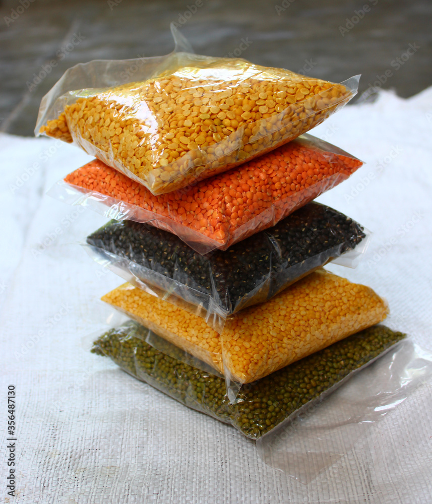 Packets of various lentils kept on each other Stock Photo | Adobe Stock