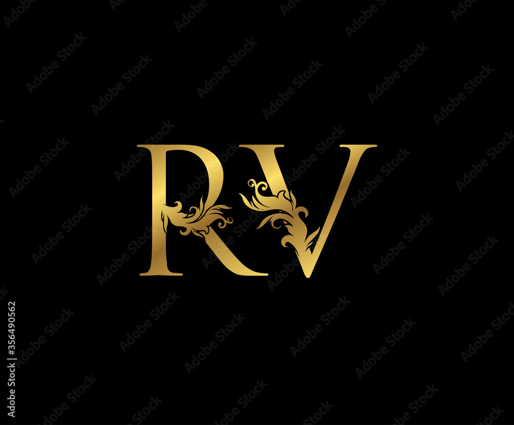 Vintage Gold R, V and RV Letter Floral logo. Classy drawn emblem for ...
