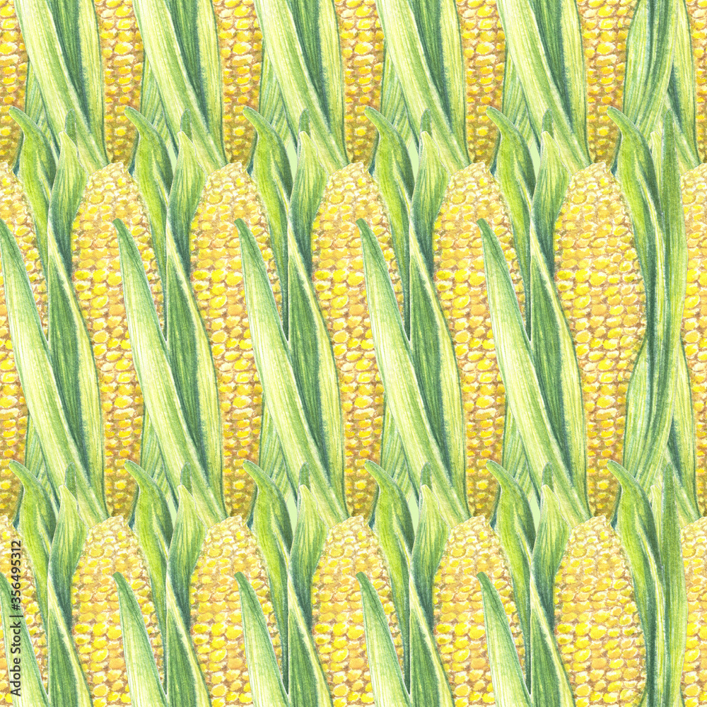 Seamless Pattern of corn cobs with leaves. Eco Background with ...