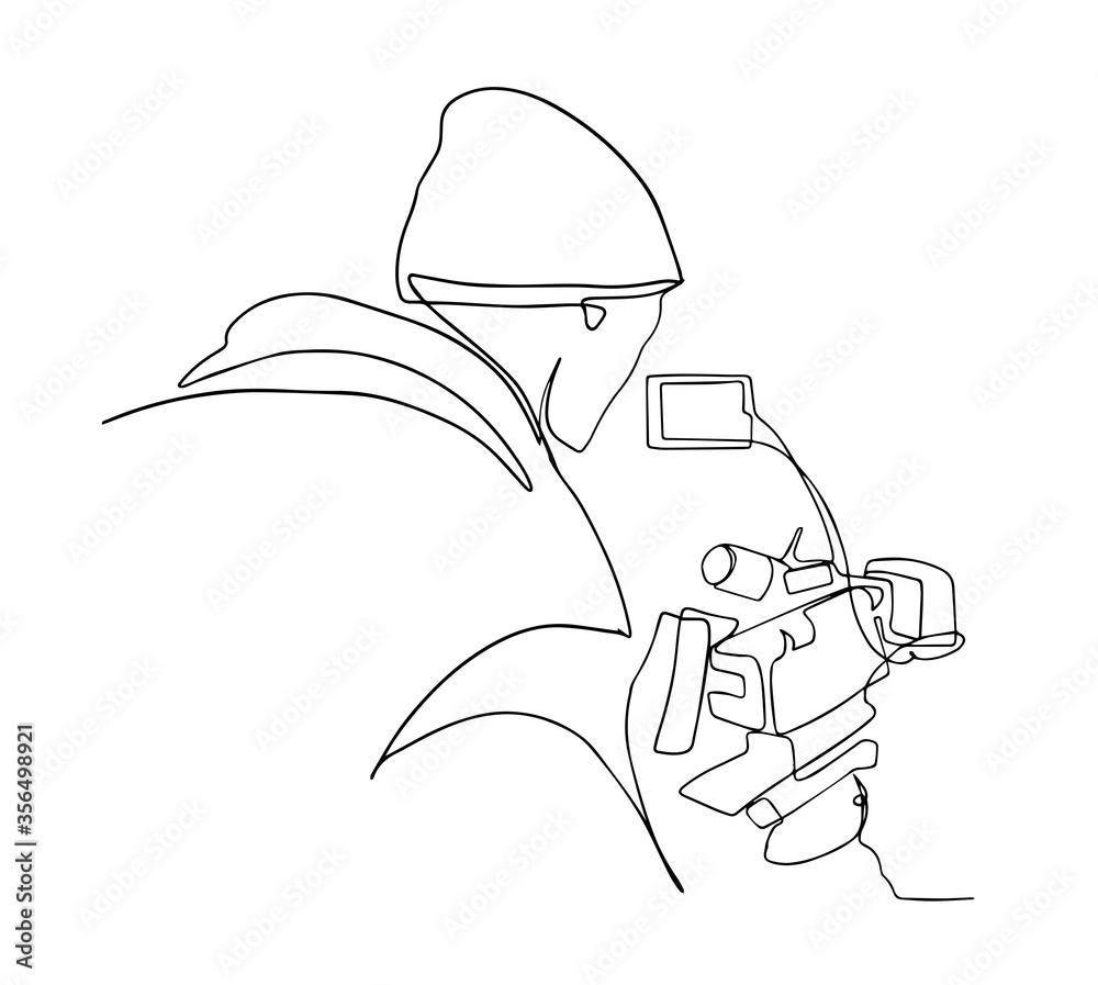Continuous single drawn one line operator with camera. Young tourist ...
