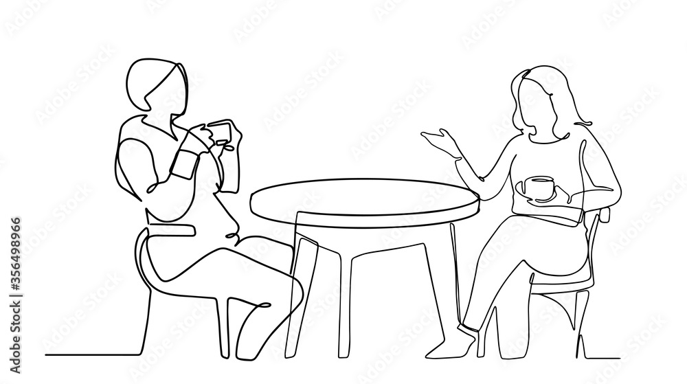 Continuous line drawing of a women dining in a restaurant. Two beatiful ...