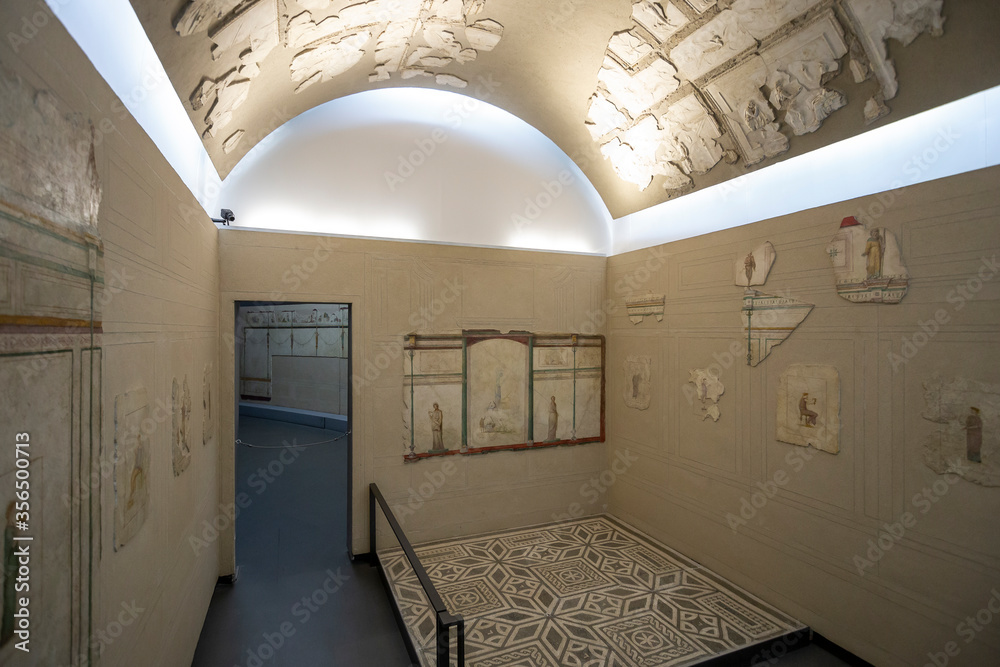 Rome, Italy - January, 8, 2020. Ancient mosaic on display of National ...
