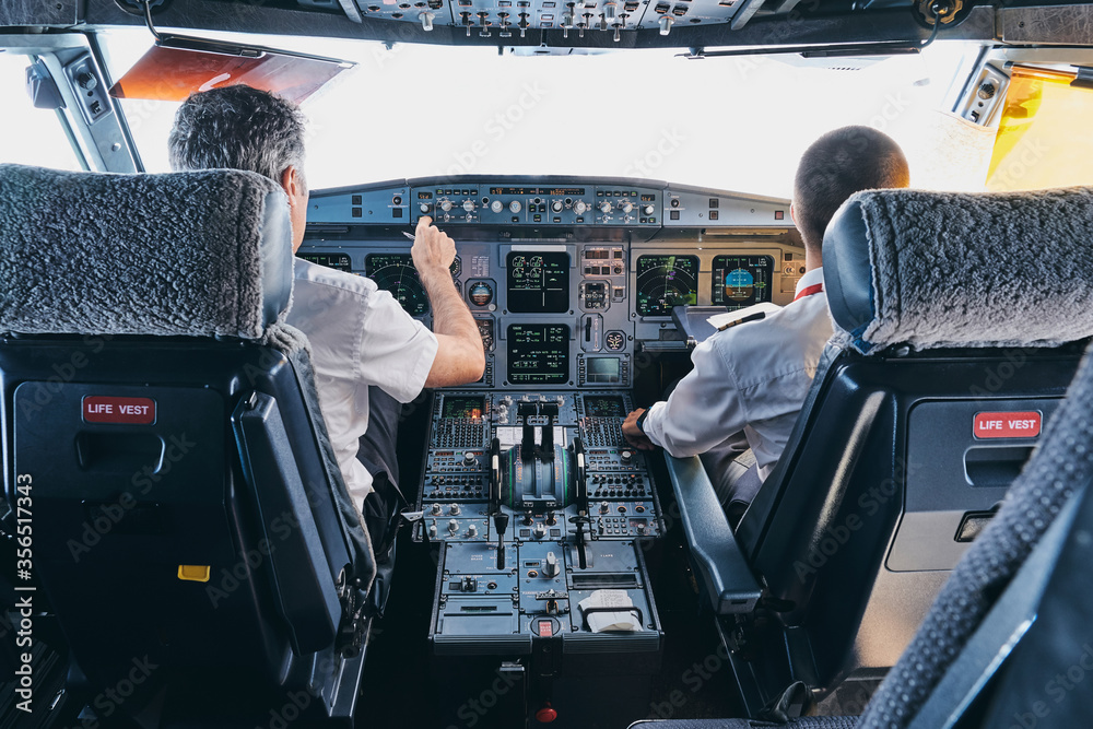 Back view of male pilot and co pilot using instrument panel in cockpit ...
