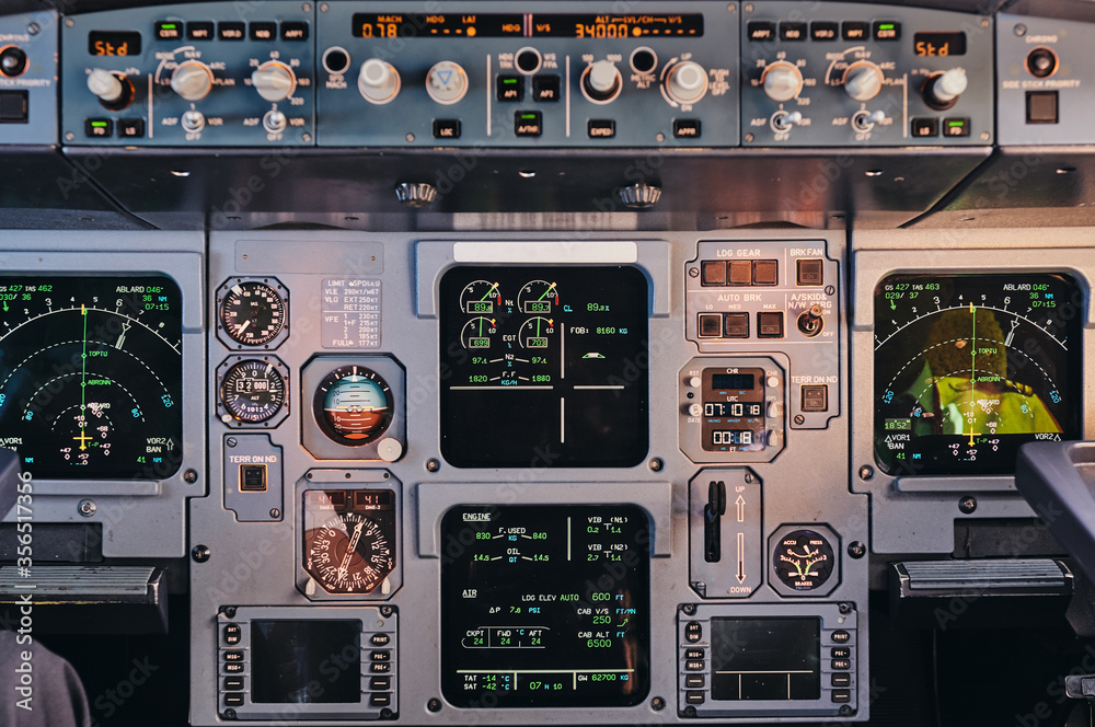 Closeup of control panel with modern facilities and digital displays in ...