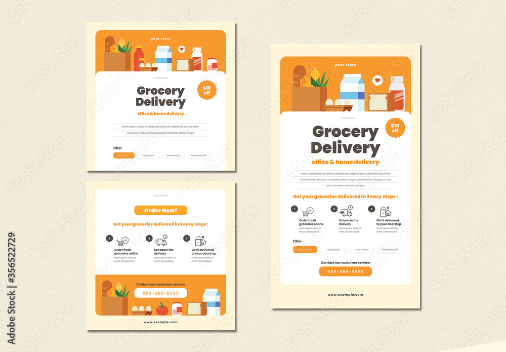 Grocery Delivery Social Media Layouts Stock Template | Adobe Stock